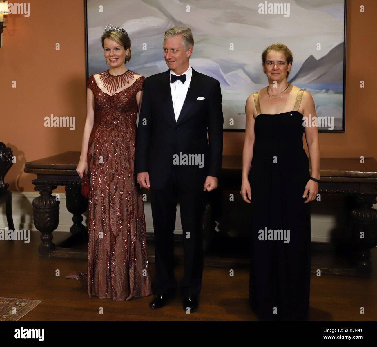 Governor General Julie Payette, right, poses for photographs with King Philippe and Queen ...