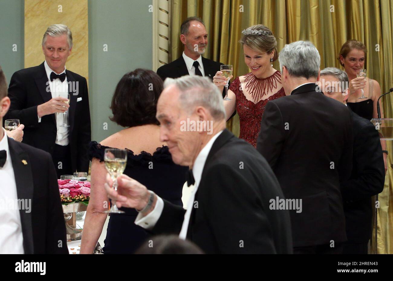 King Philippe, far left, and Queen Mathilde of Belgium, centre, along with Governor General ...