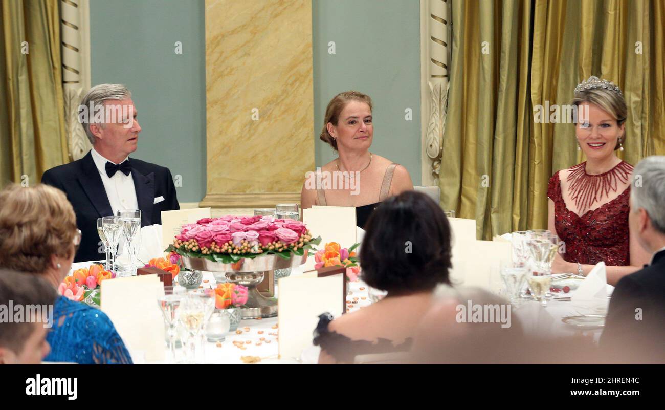 Governor General Julie Payette, centre, along with King Philippe and Queen Mathilde of Belgium ...