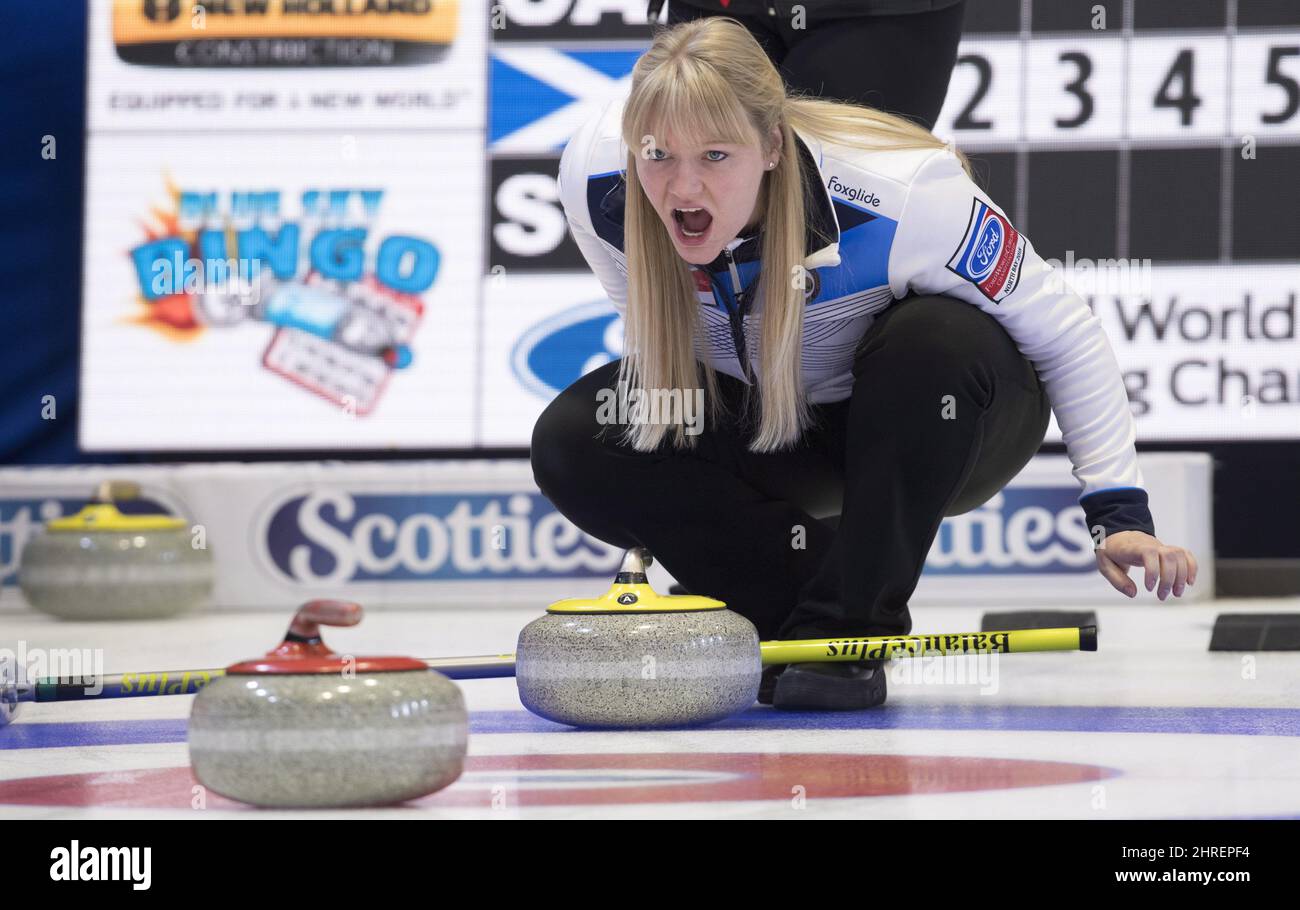 Scotland skip Hannah Fleming calls for the sweep as they face Canada at ...