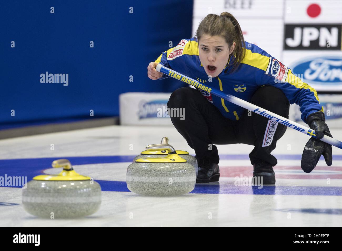 Sweden skip Anna Hasselborg calls for the sweep as they face Japan at ...