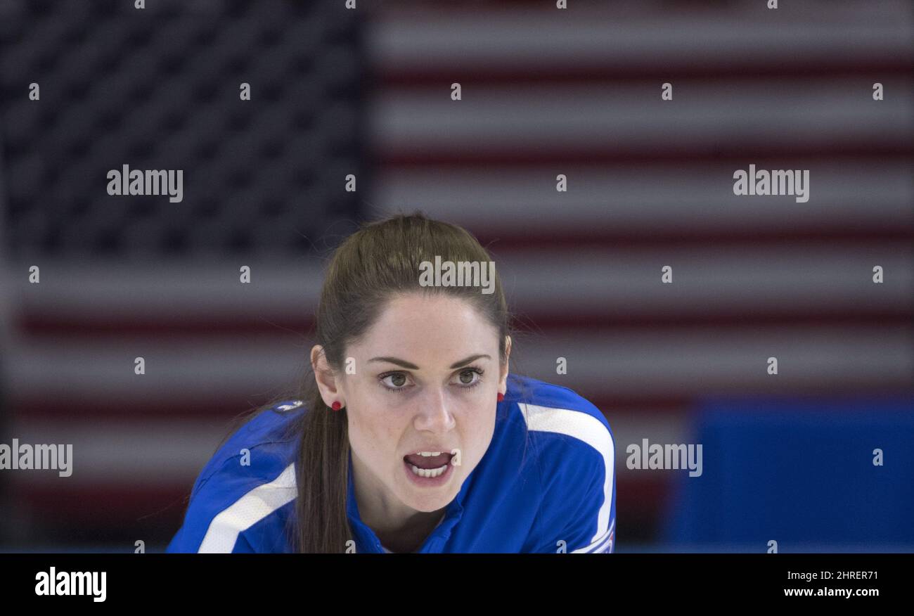 United States skip Jamie Sinclair lines up a shot as they play Canada ...