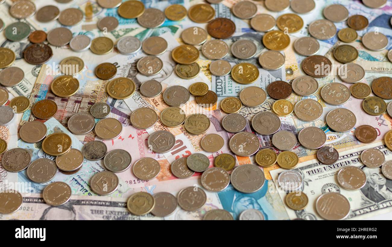 Coins from different countries money currency background Stock Photo ...