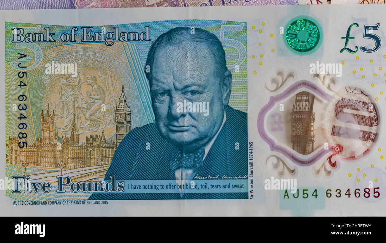 Bank of England £5 note with a portrait of Winston Churchill on the ...