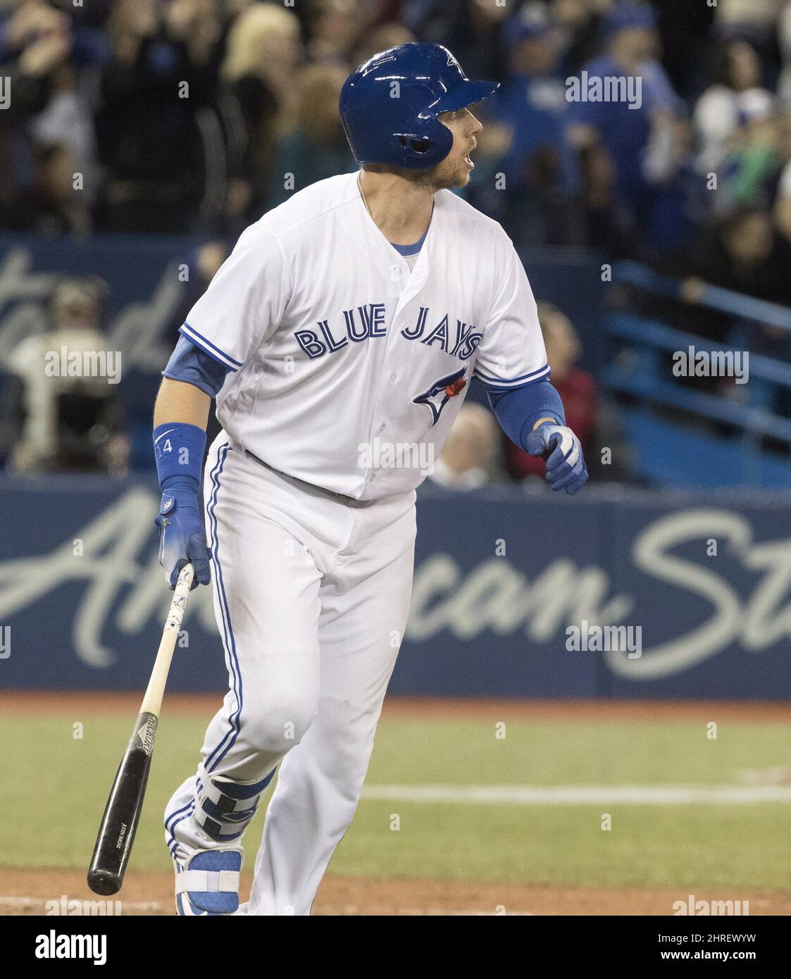 Toronto Blue Jays' Justin Smoak watches the ball after hitting a grand ...