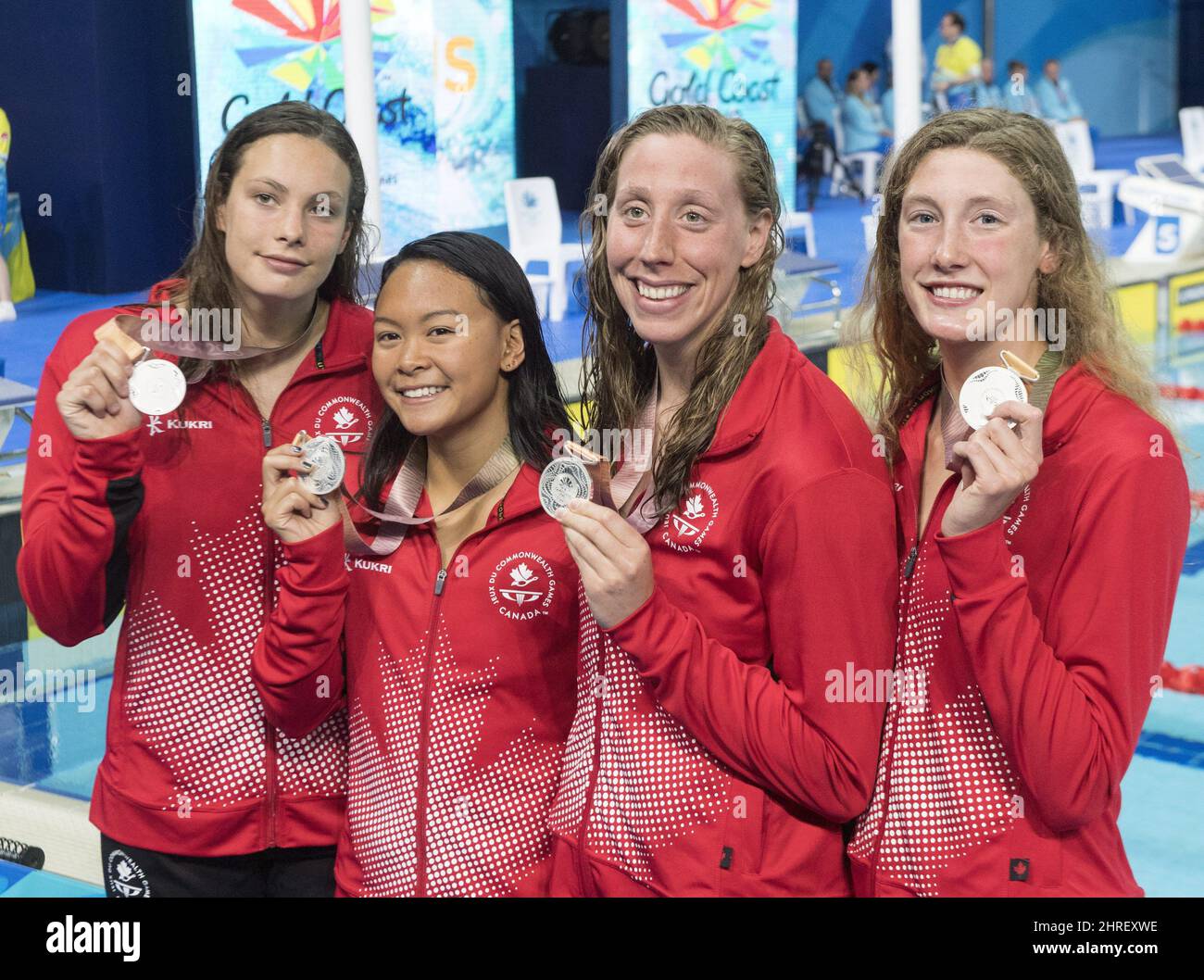 Canada's Penny Oleksiak, left, Kayla Sanchez, Alexia Zevnik, and Taylor ...