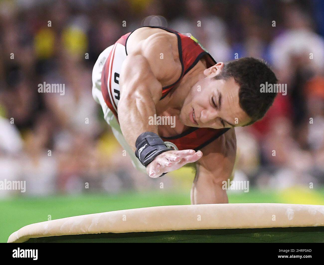 Canada's Rene Cournoyer competes in the men's vault final in the ...