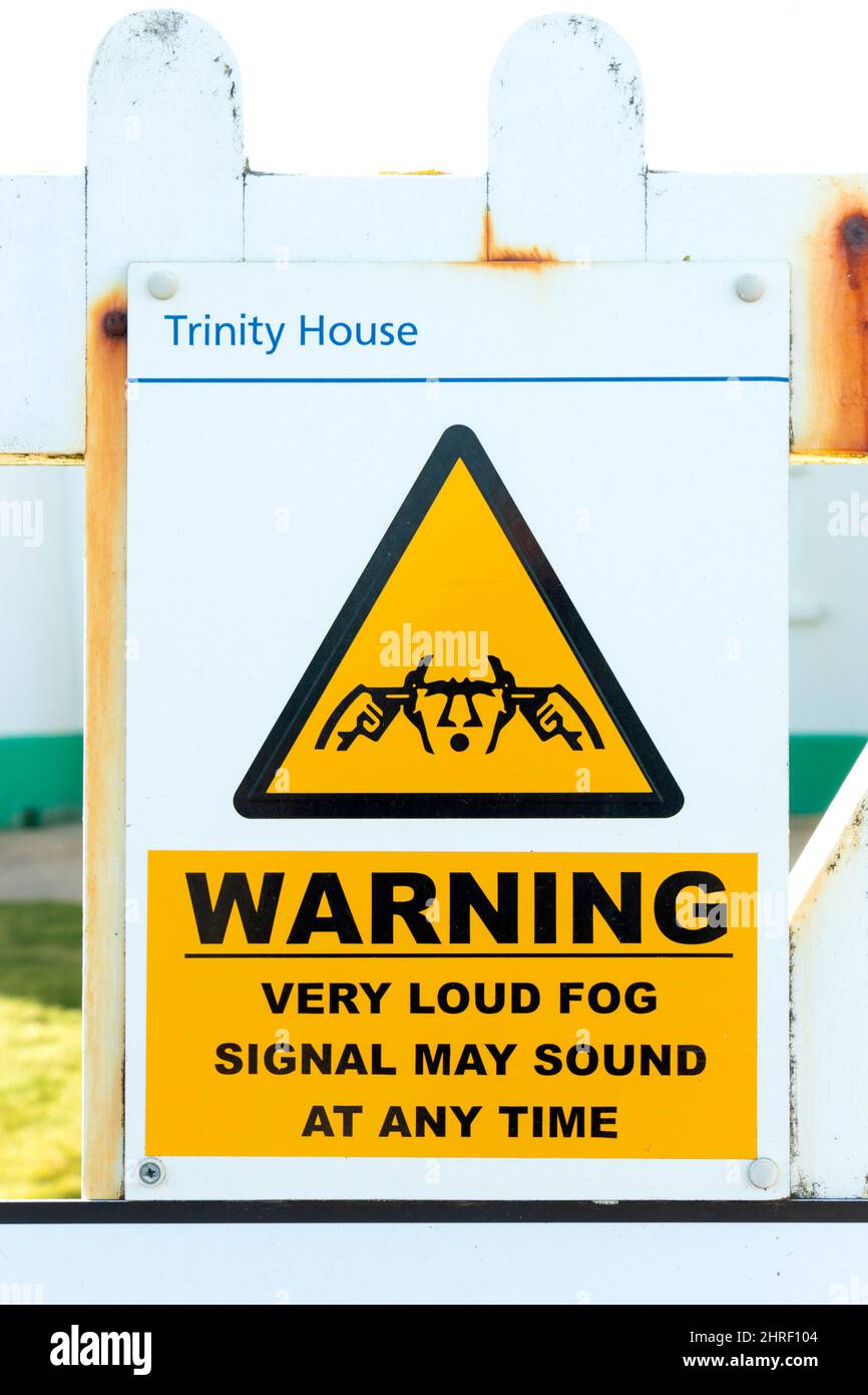 yellow warning sign of very loud fog signal on the Isle of Portland ...