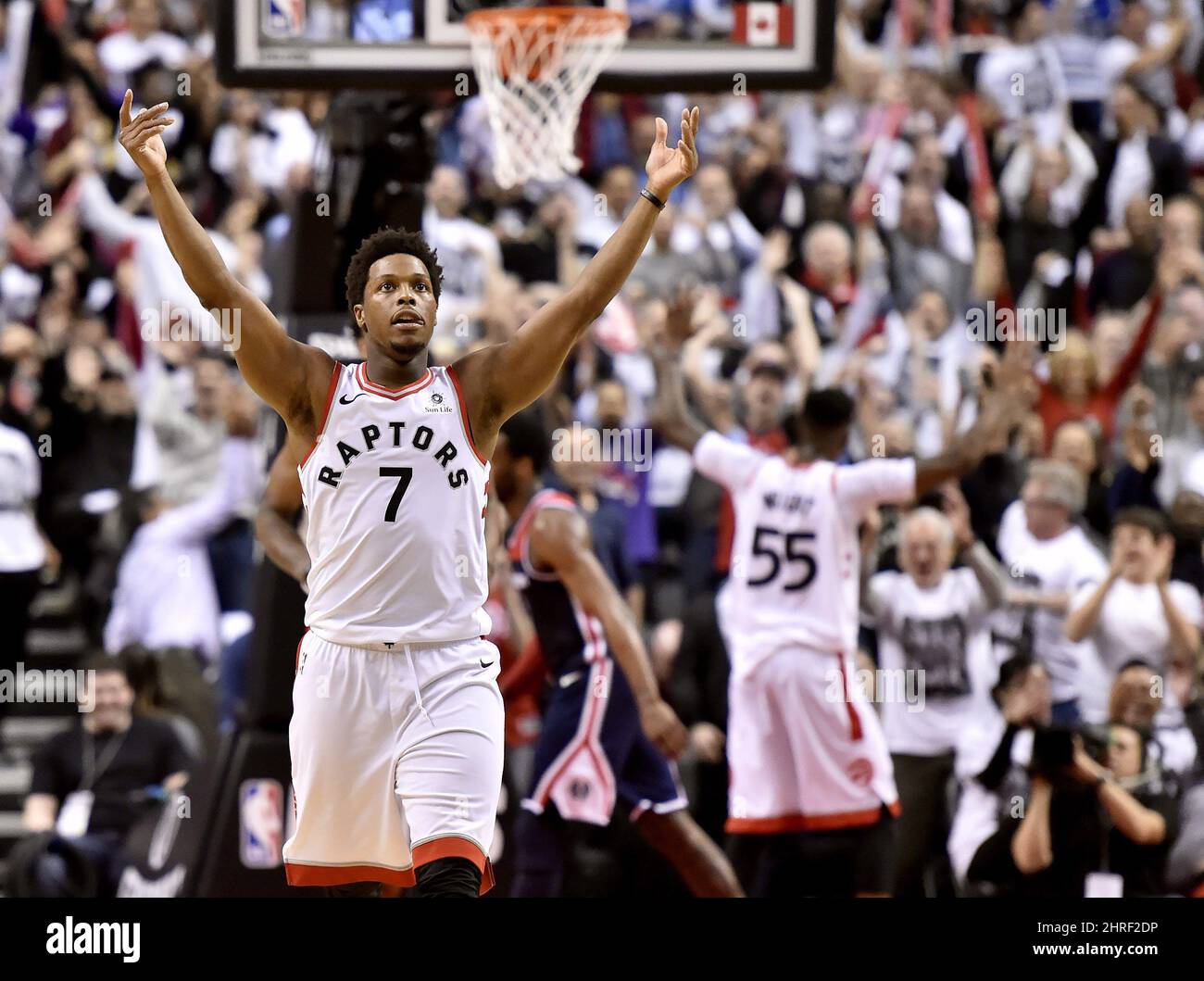 Toronto Raptors guard Kyle Lowry (7) celebrates with the crowd after a ...