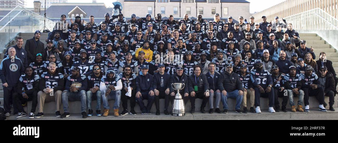The Toronto Argonauts pose for a team photo with the Grey Cup after a ...