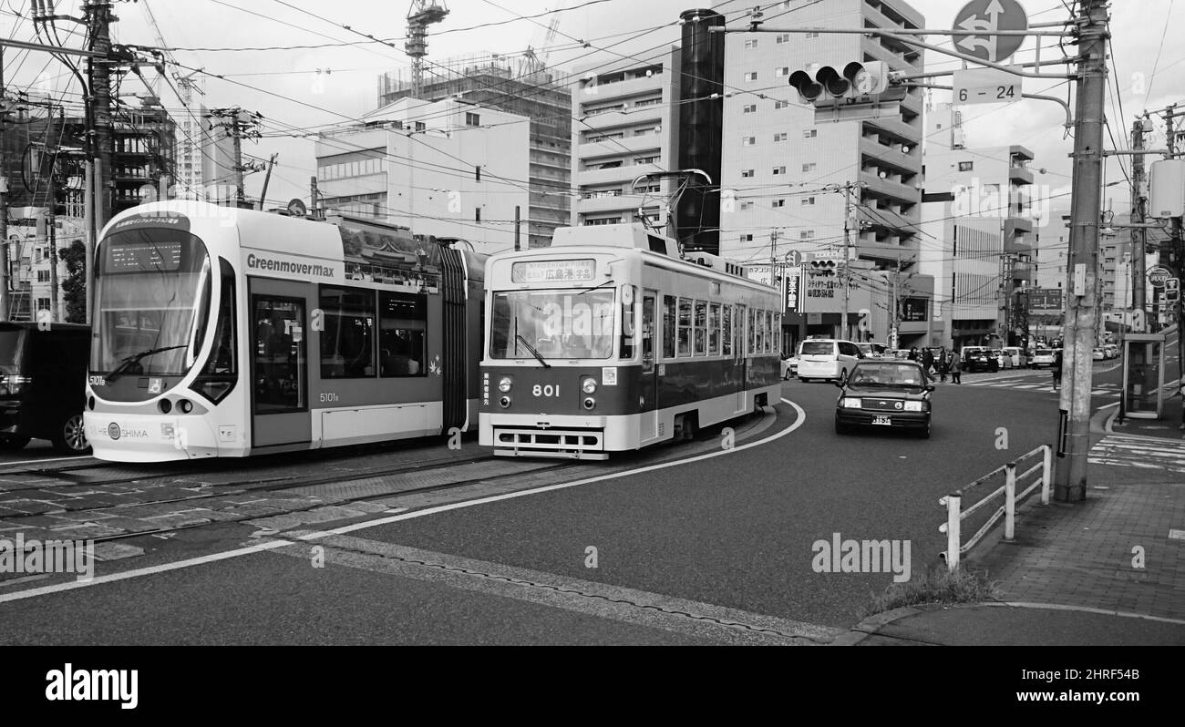 Greyscale shot of the public transport of Hiroshima in Japan Stock ...