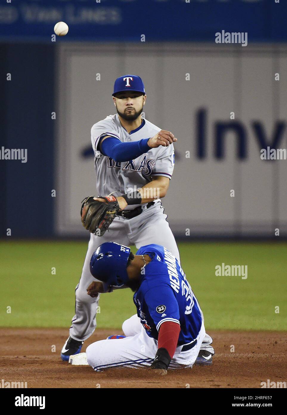 Texas Rangers second baseman Isiah Kiner-Falefa (9) forces out Toronto ...
