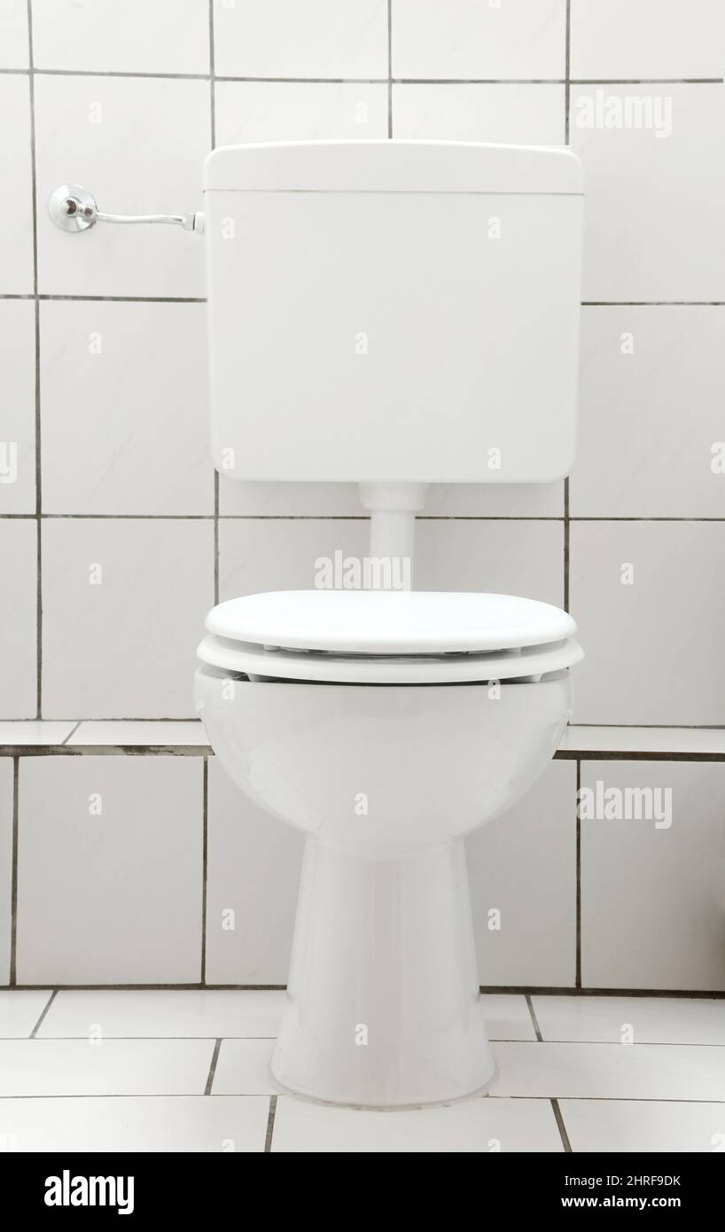 Vertical of an interior of a toilet against a white-tiled wall Stock ...