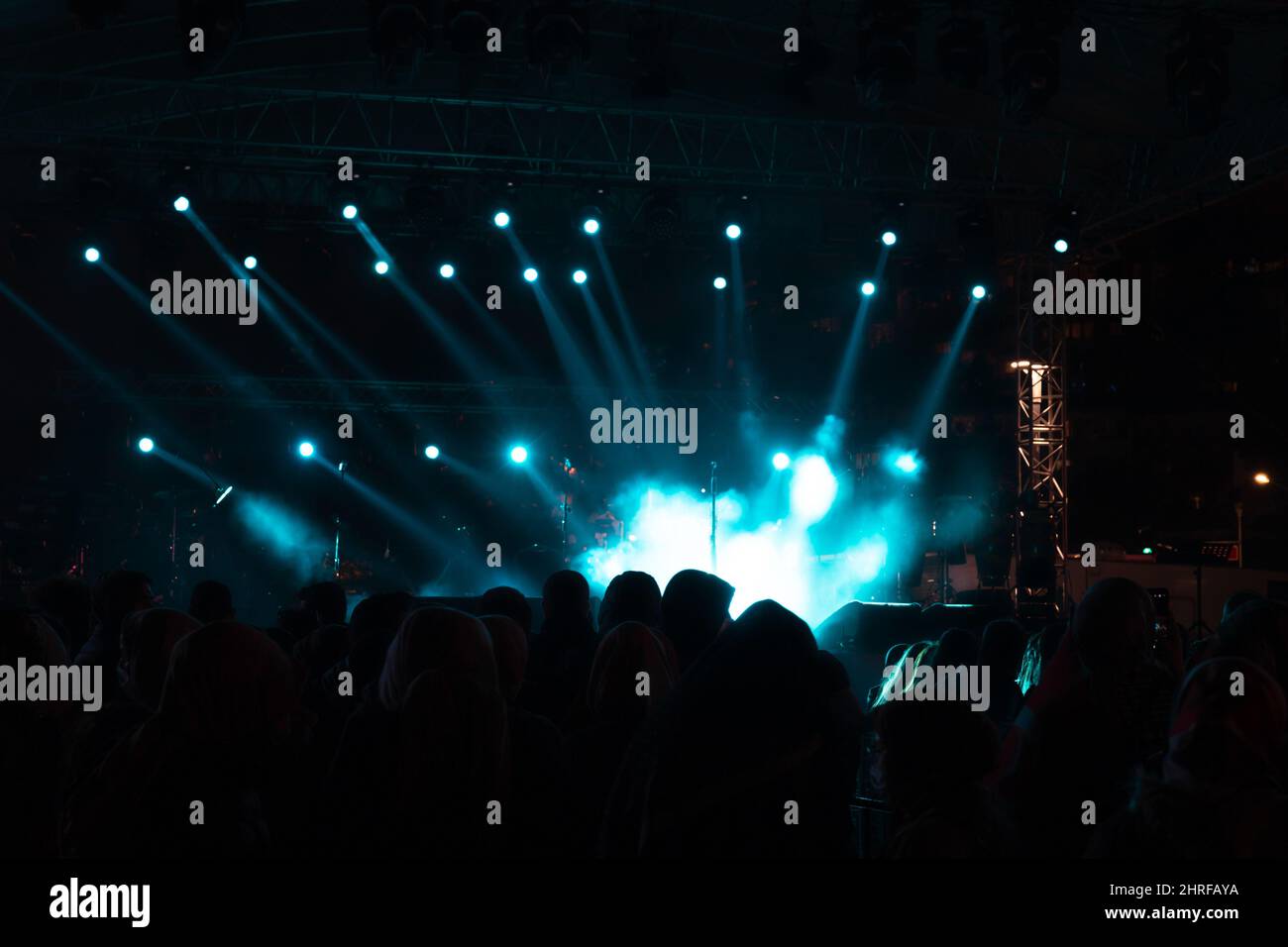 Spotlights. Concert background photo with fog effect and spotlihts on ...