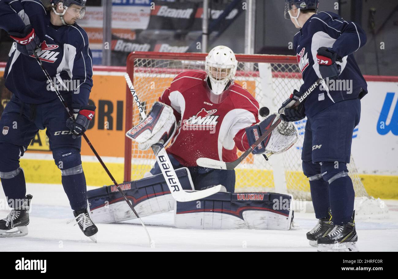 Host Regina Pats goalie Max Paddock (33) is seen during a team practice ...