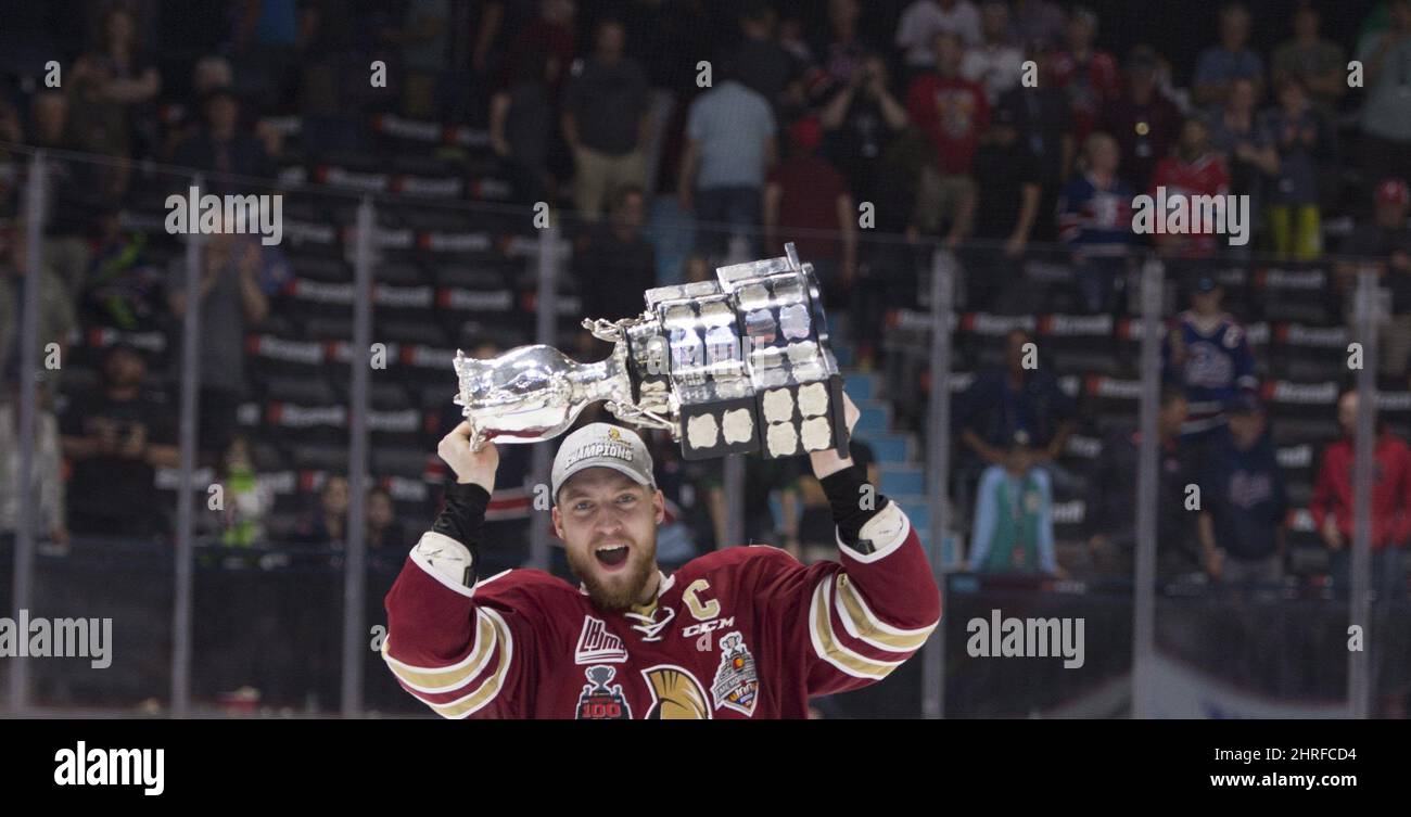 Acadie-Bathurst Titan forward Jeffrey Truchon-Viel hoists the Memorial ...