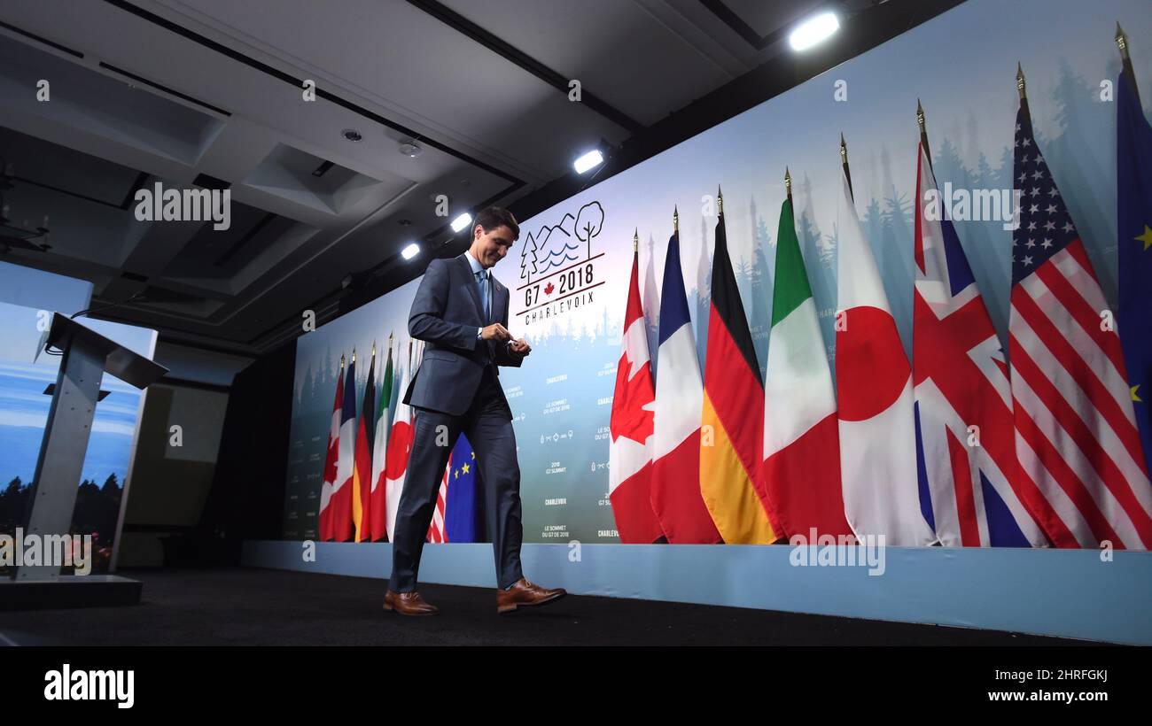Canada's Prime Minister Justin Trudeau walks off the stage after ...