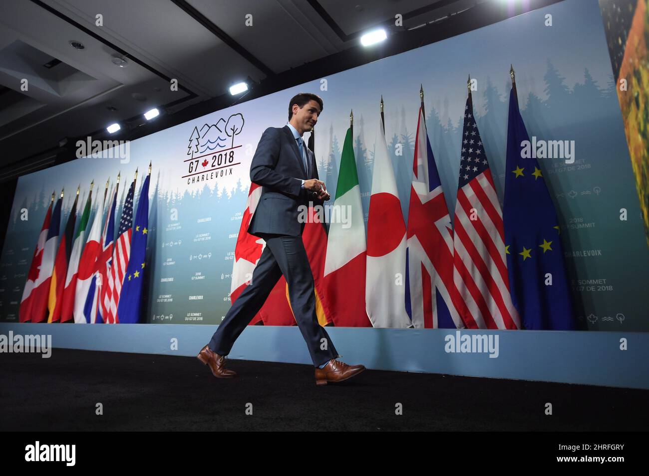 Canada's Prime Minister Justin Trudeau walks off the stage after ...