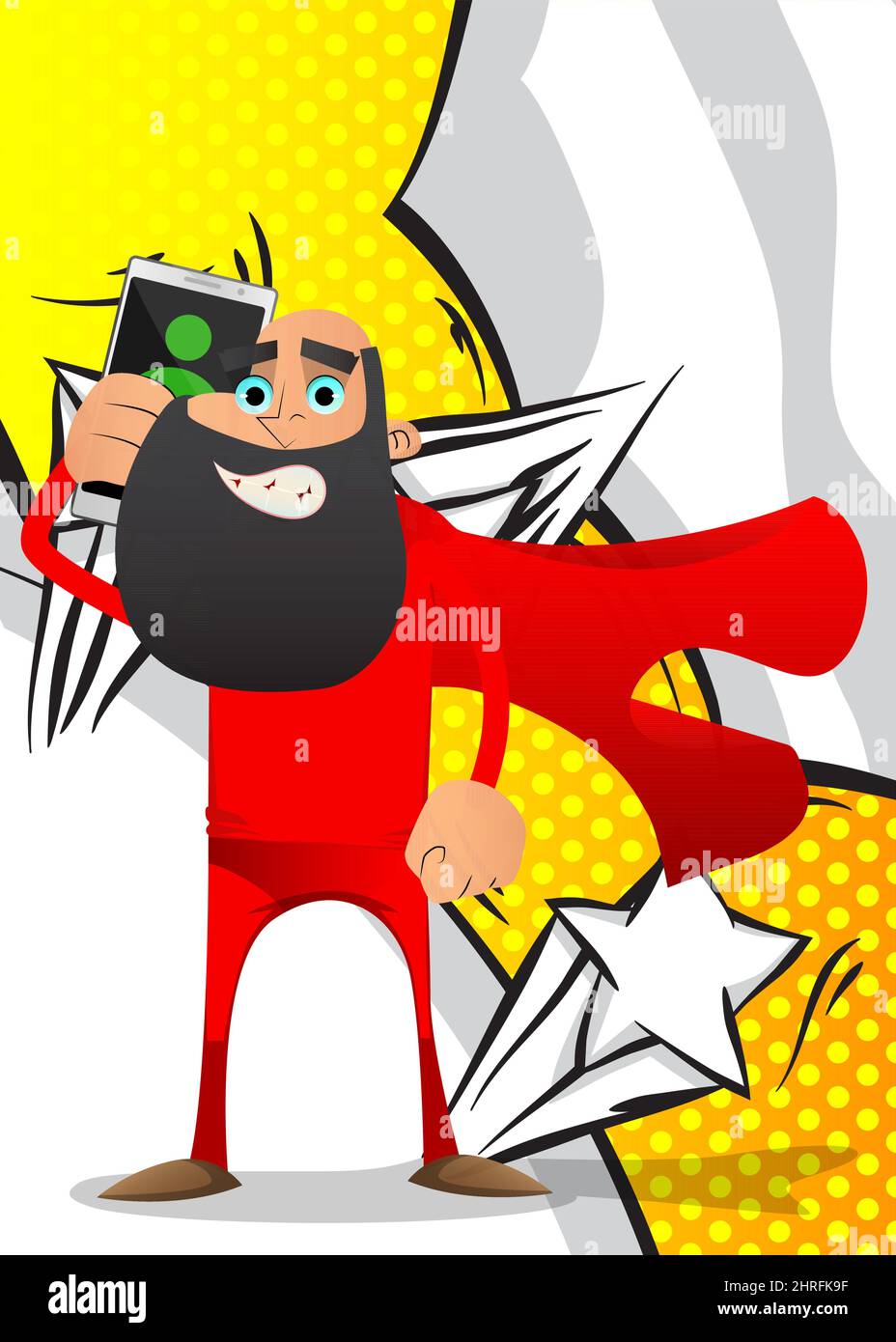 Funny cartoon man dressed as a superhero talking on cell phone. Vector ...