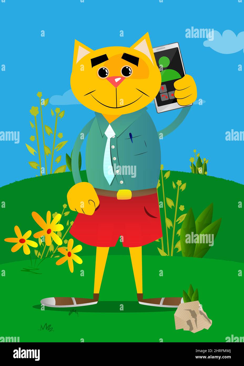 Funny cartoon cat talking on cell phone. Vector illustration. Cute ...