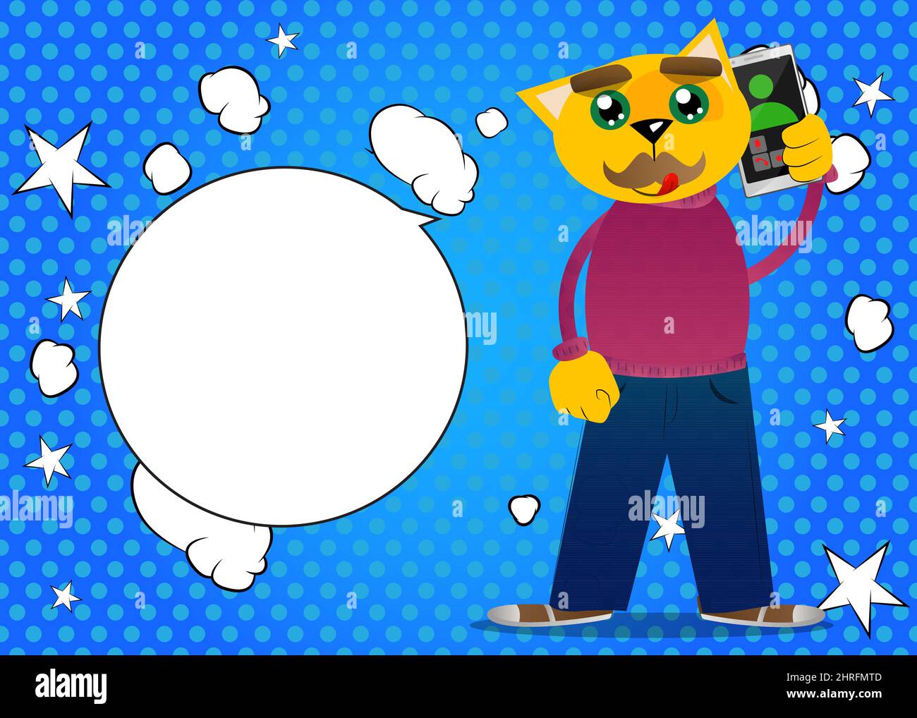 Funny cartoon cat talking on cell phone. Vector illustration. Cute ...