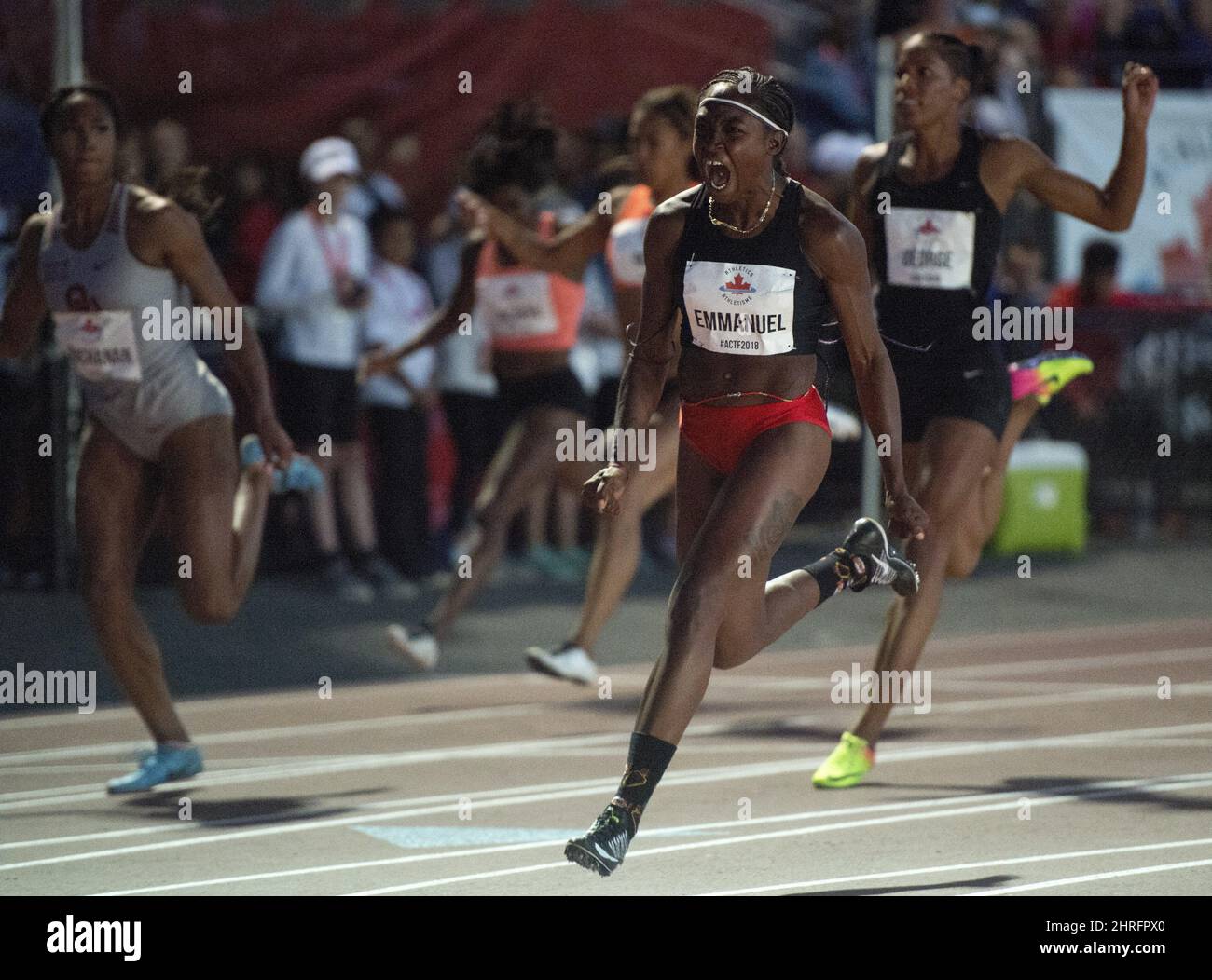 Crystal Emmanuel celebrates after winning the 100m final at the 2018 ...