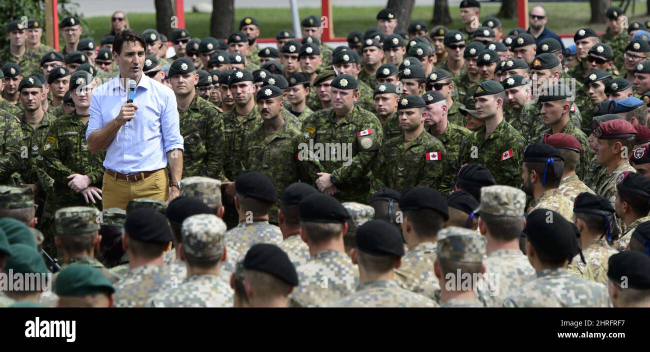 Prime Minister Justin Trudeau addresses the troops at Adazi Military ...