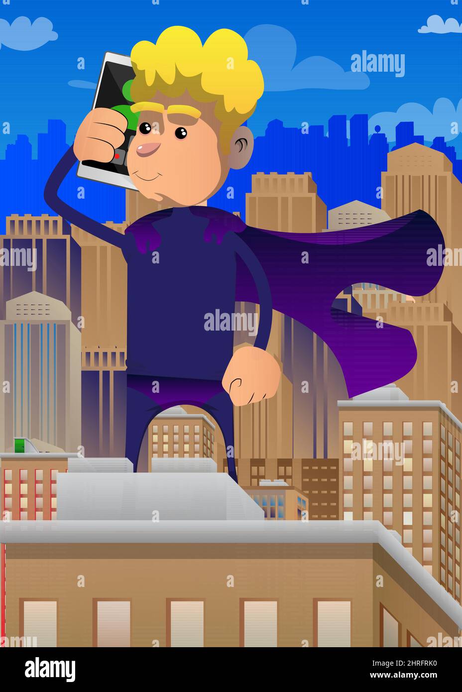 Funny cartoon man dressed as a superhero talking on cell phone. Vector ...
