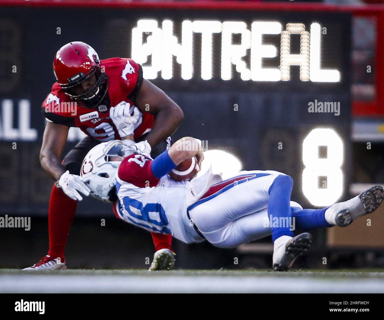 Montreal Alouettes quarterback Matthew Shiltz, is sacked by Calgary ...