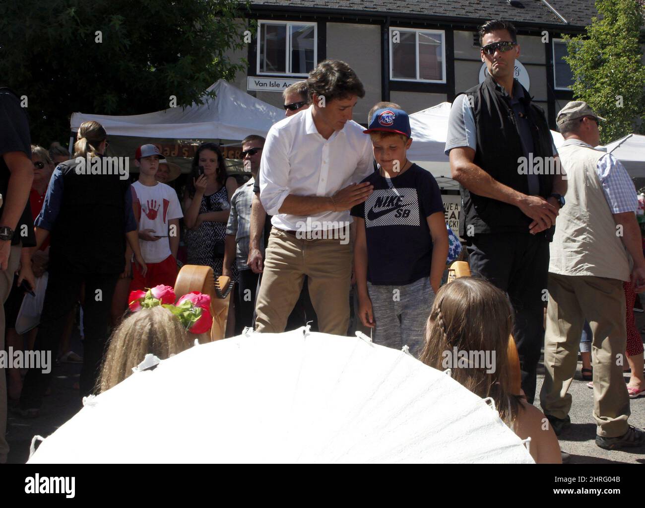 Prime Minister Justin Trudeau with his son Xavier meet with local ...