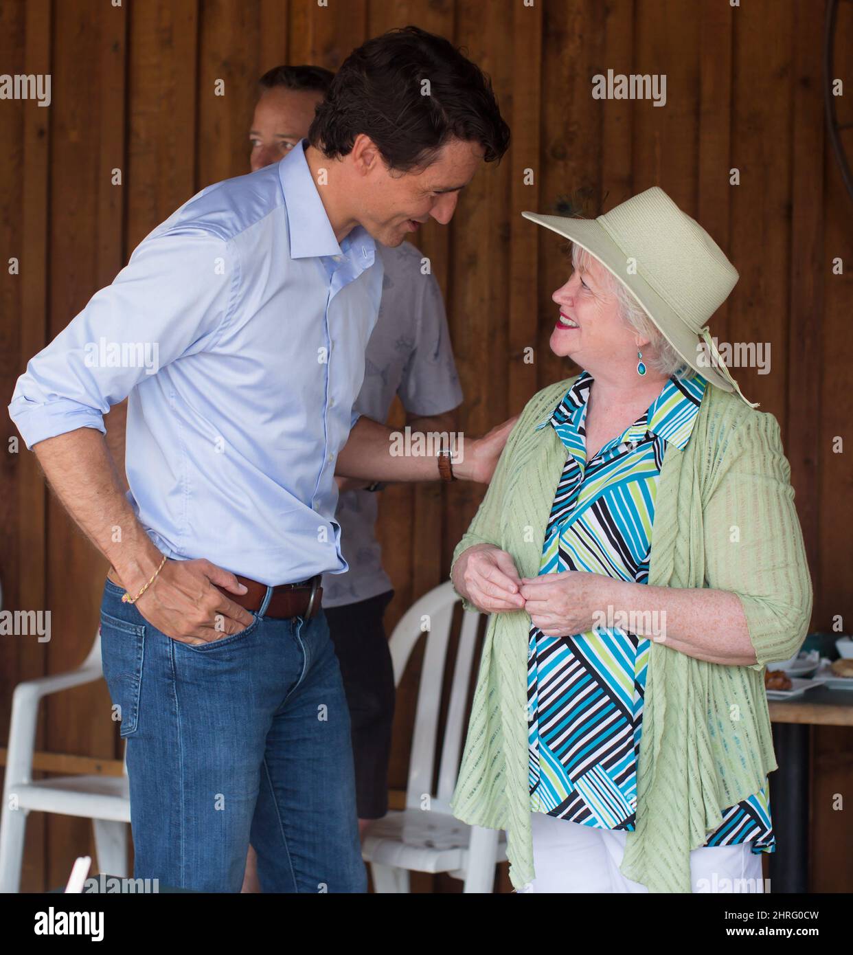 Prime Minister Justin Trudeau, left, speaks with Summerland Councillor ...