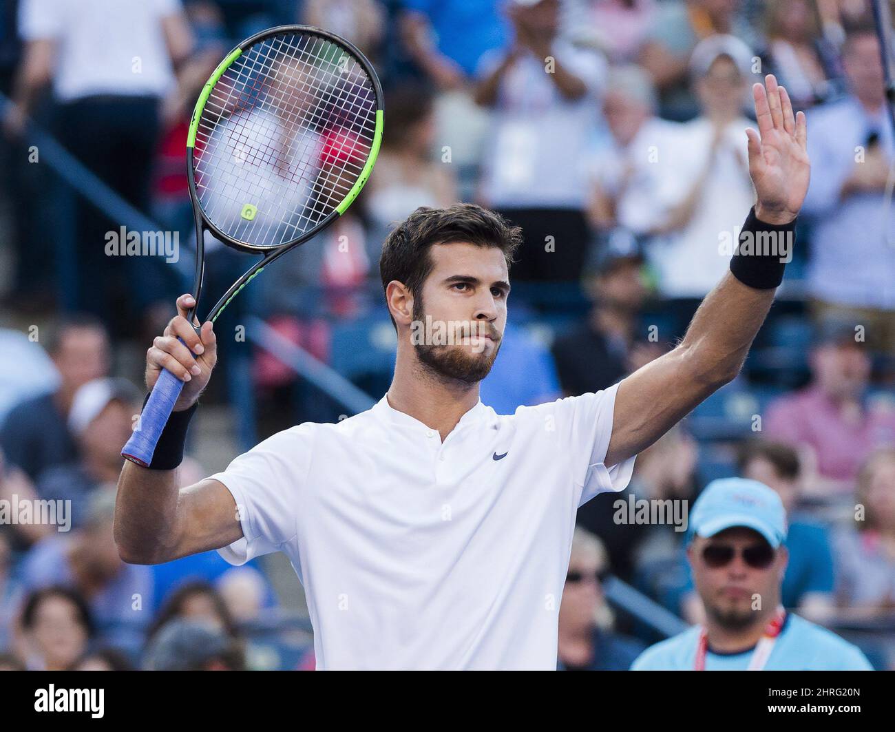 Karen Khachanov, of Russia, reacts after defeating Robin Haase, of the ...