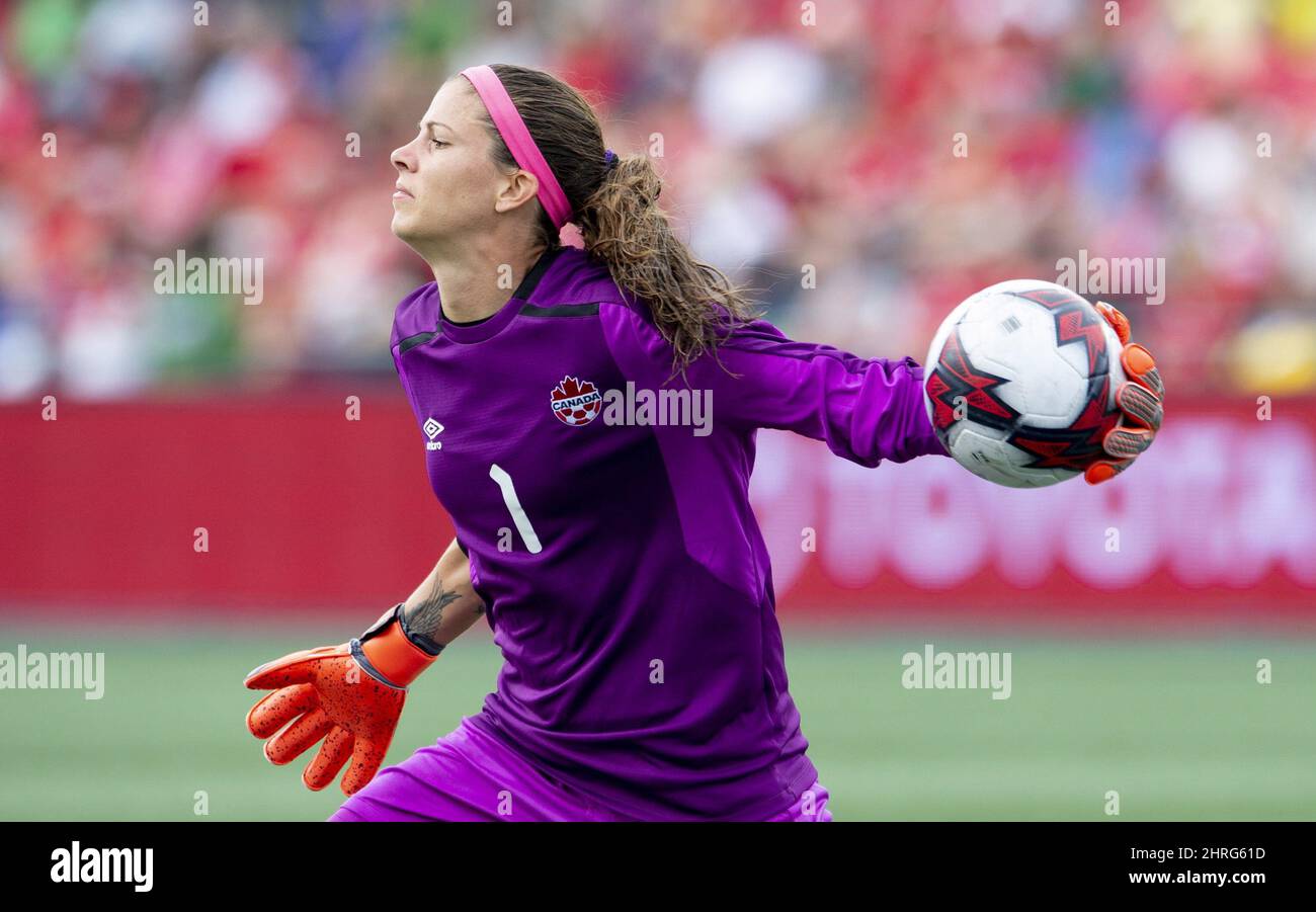 Canada's goalkeeper Stephanie Labbe throws the ball to teammates during ...