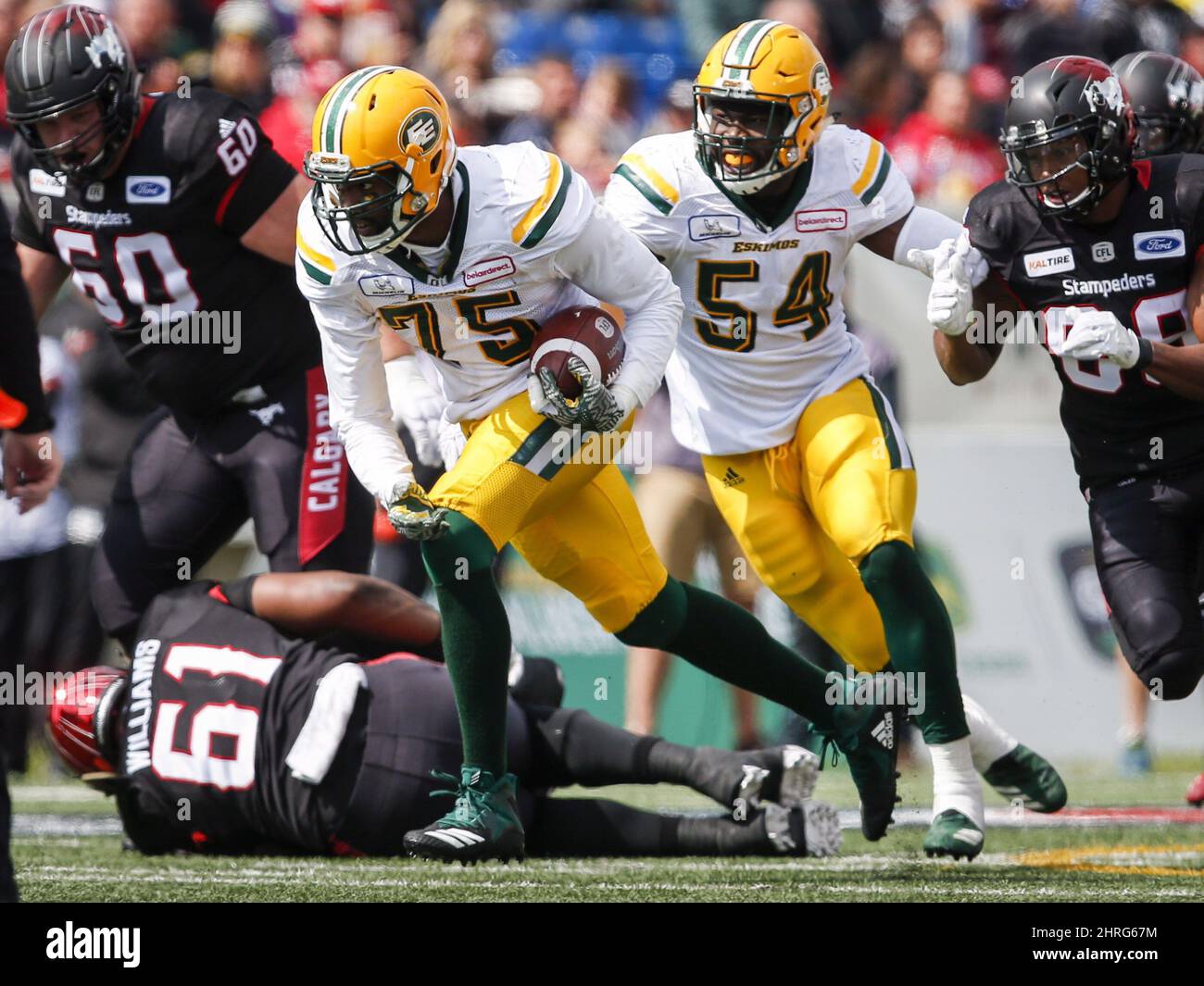 Edmonton Eskimos' Nick Usher, centre, recovers a fumble by the Calgary ...