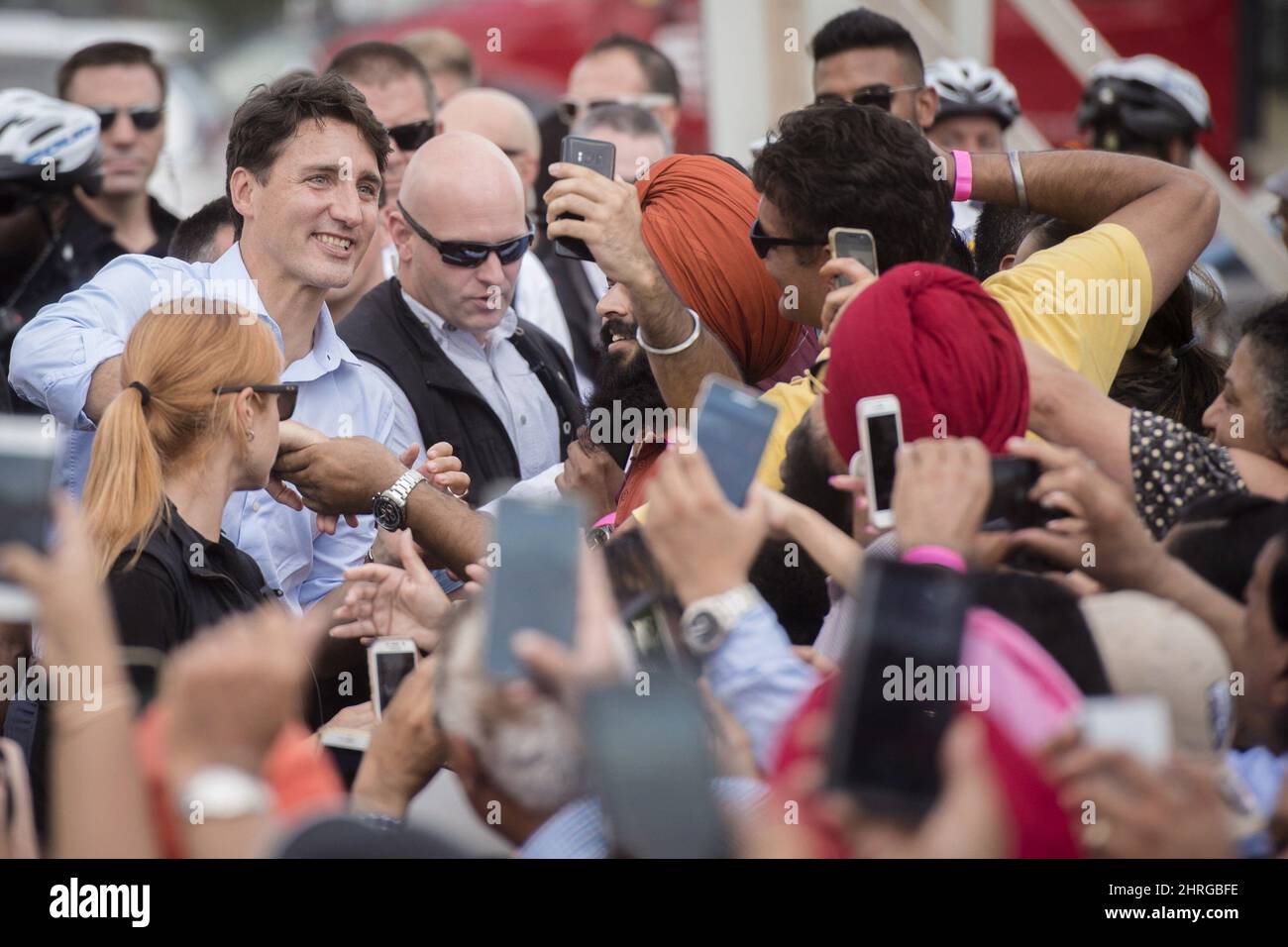 Prime Minister Justin Trudeau greets a large crowd of supporters as he ...