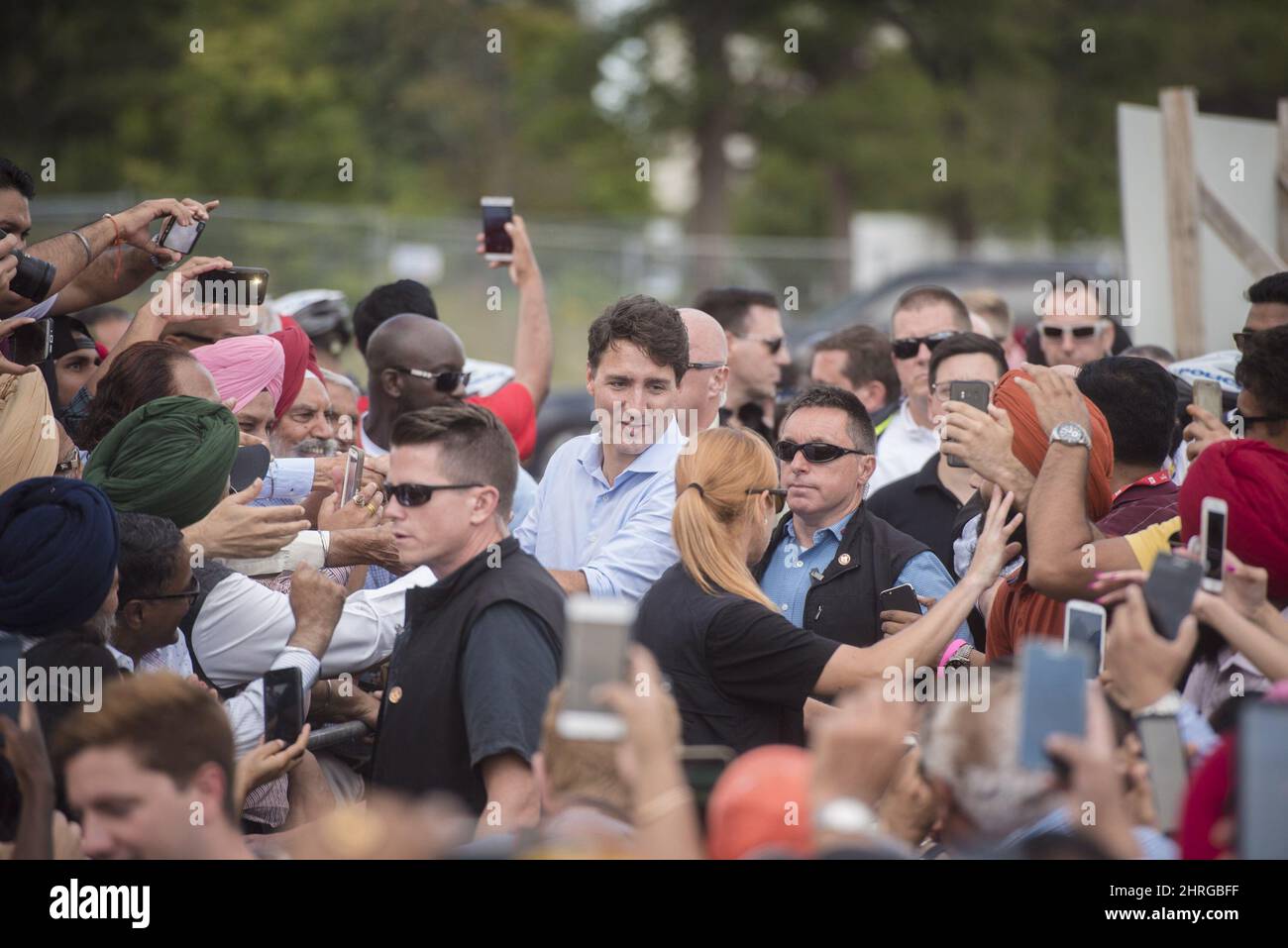 Prime Minister Justin Trudeau greets a large crowd of supporters as he ...
