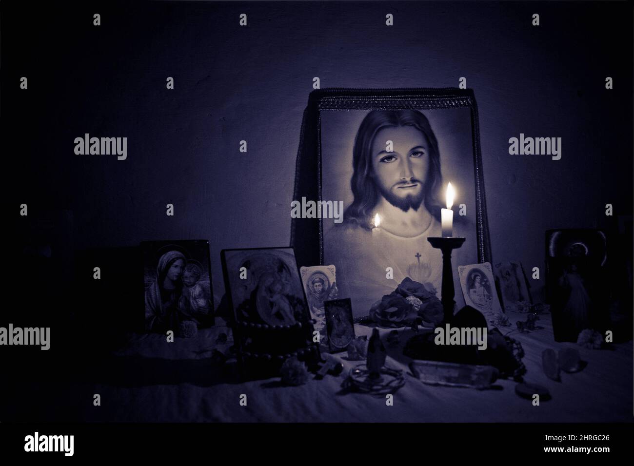 Beautiful grey scale shot of the Jesus Christ icon with a canle Stock ...