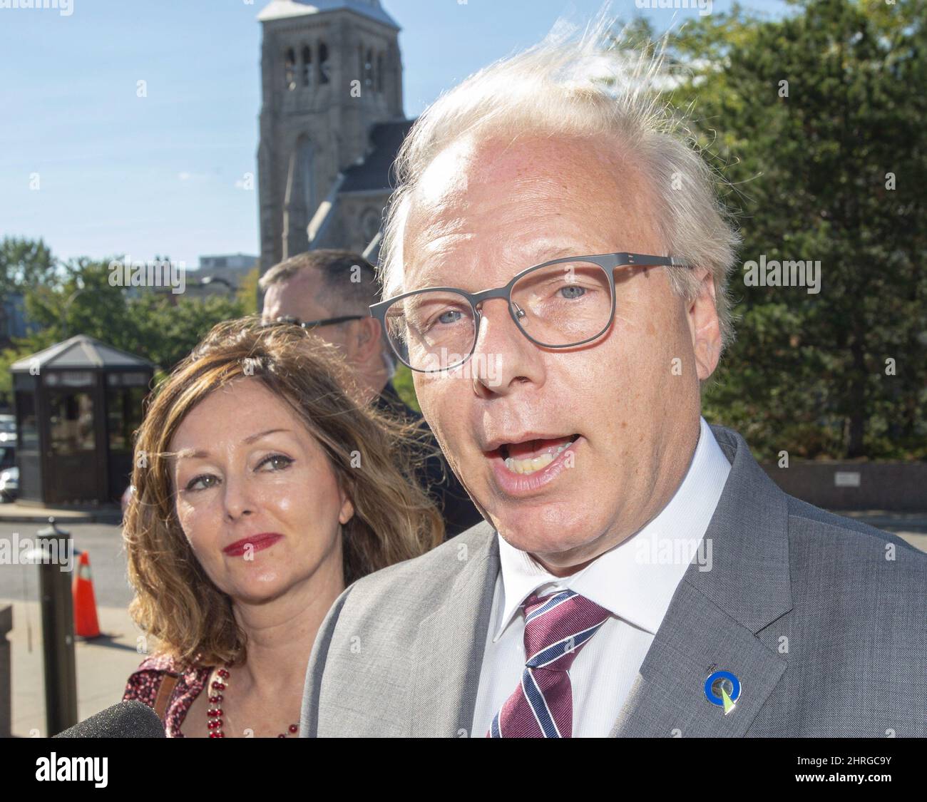 Parti Quebecois leader Jean-Francois Lisee speaks to the media as his ...
