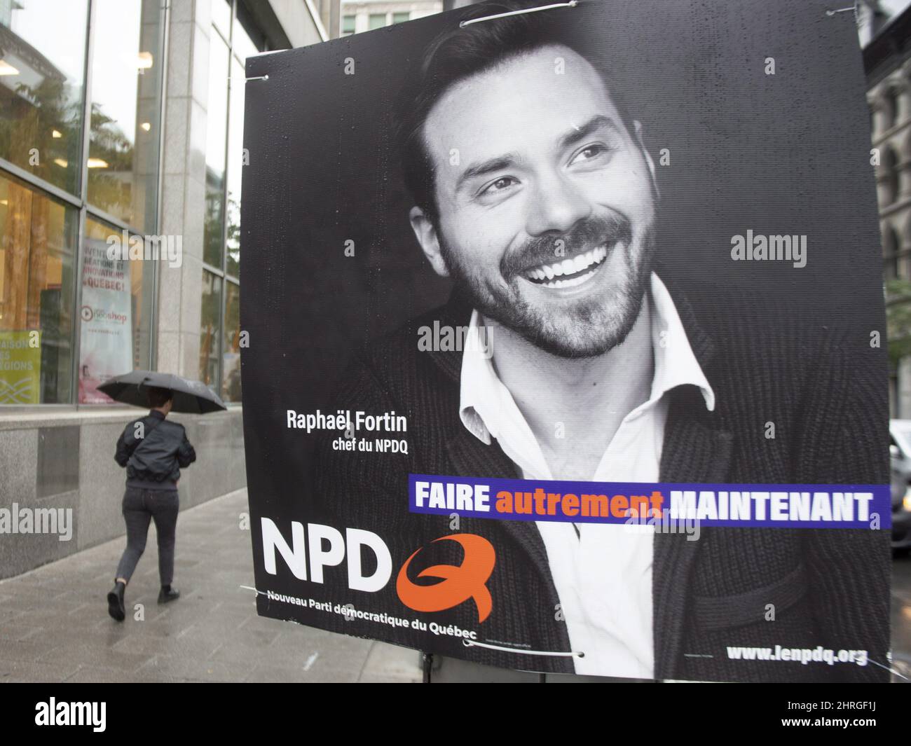 A campaign poster of Quebec NDP leader Raphael Fortin is seen in ...