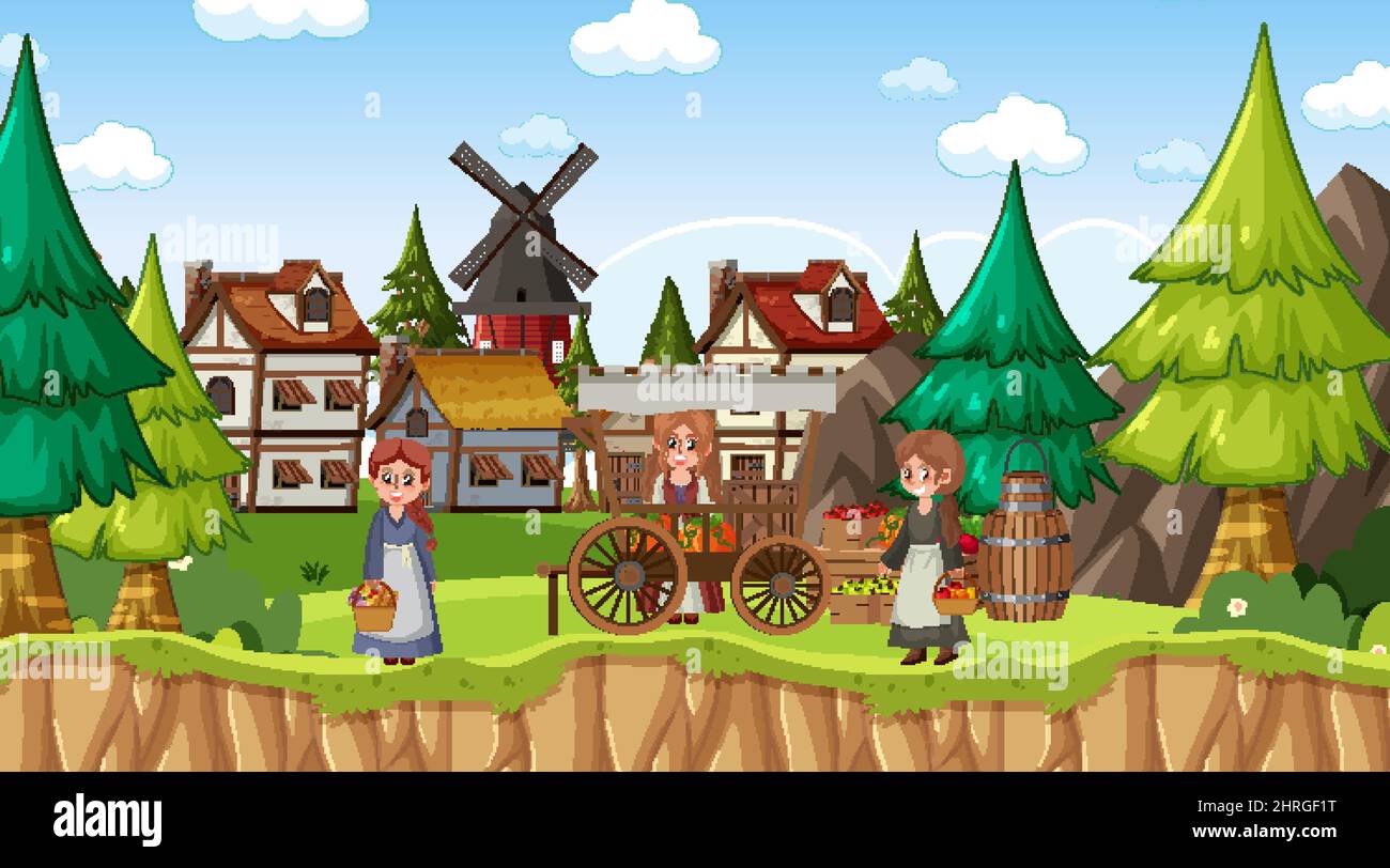 Medieval town scene with villagers and market illustration Stock Vector ...