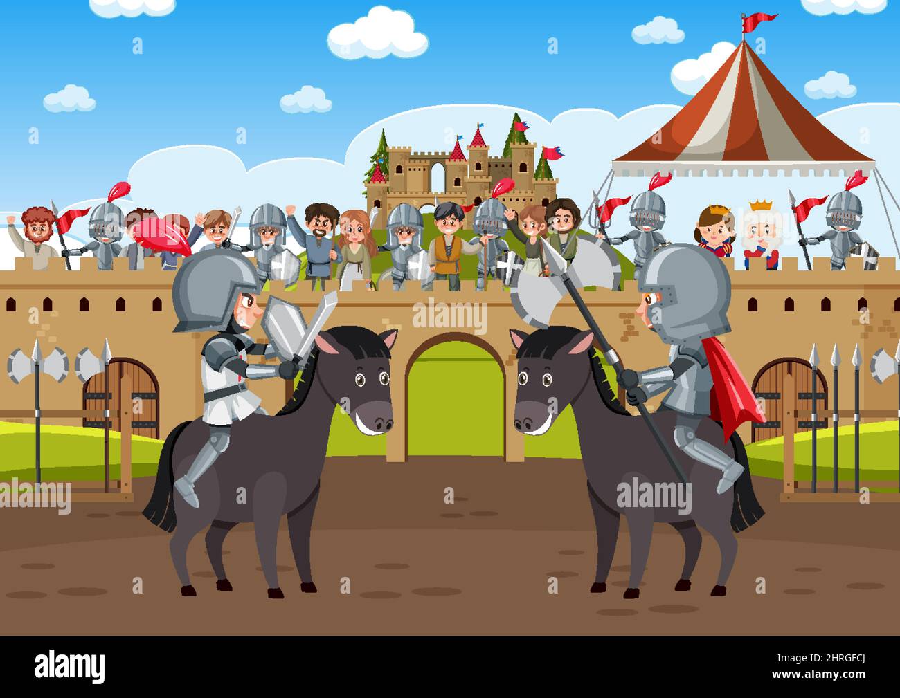 Medieval scene with two knights in armour is fighting illustration ...