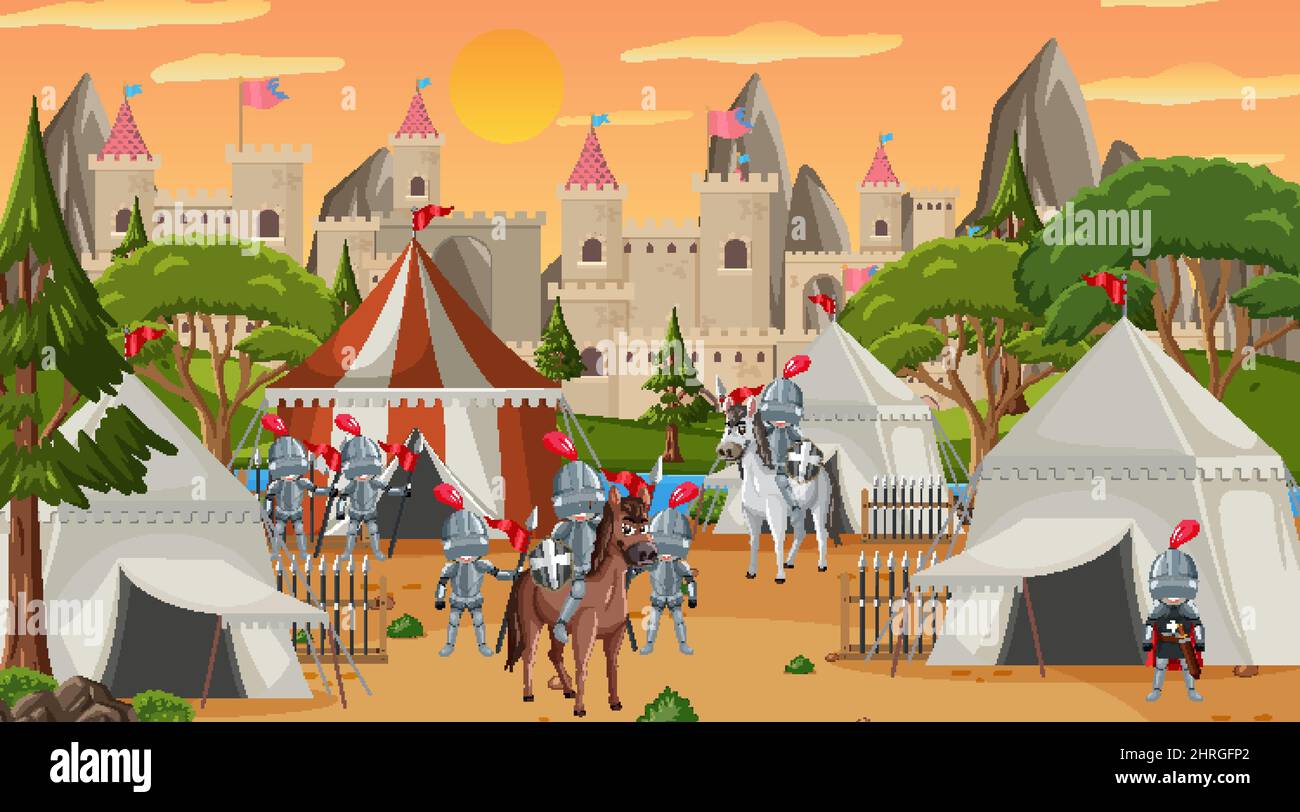 Medieval town scene camp with tents and castle illustration Stock ...