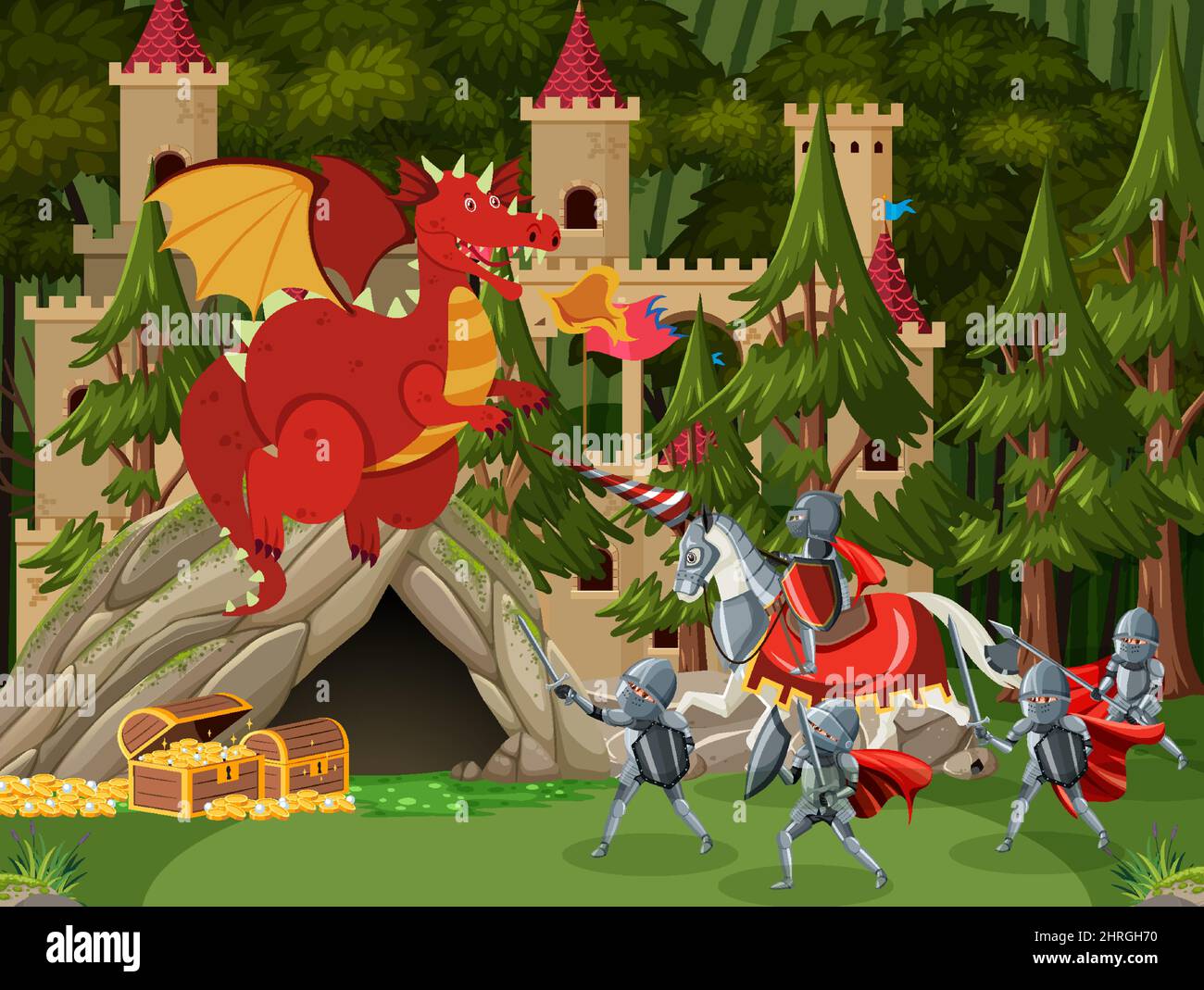 Medieval knights fighting with ancient dragon illustration Stock Vector ...