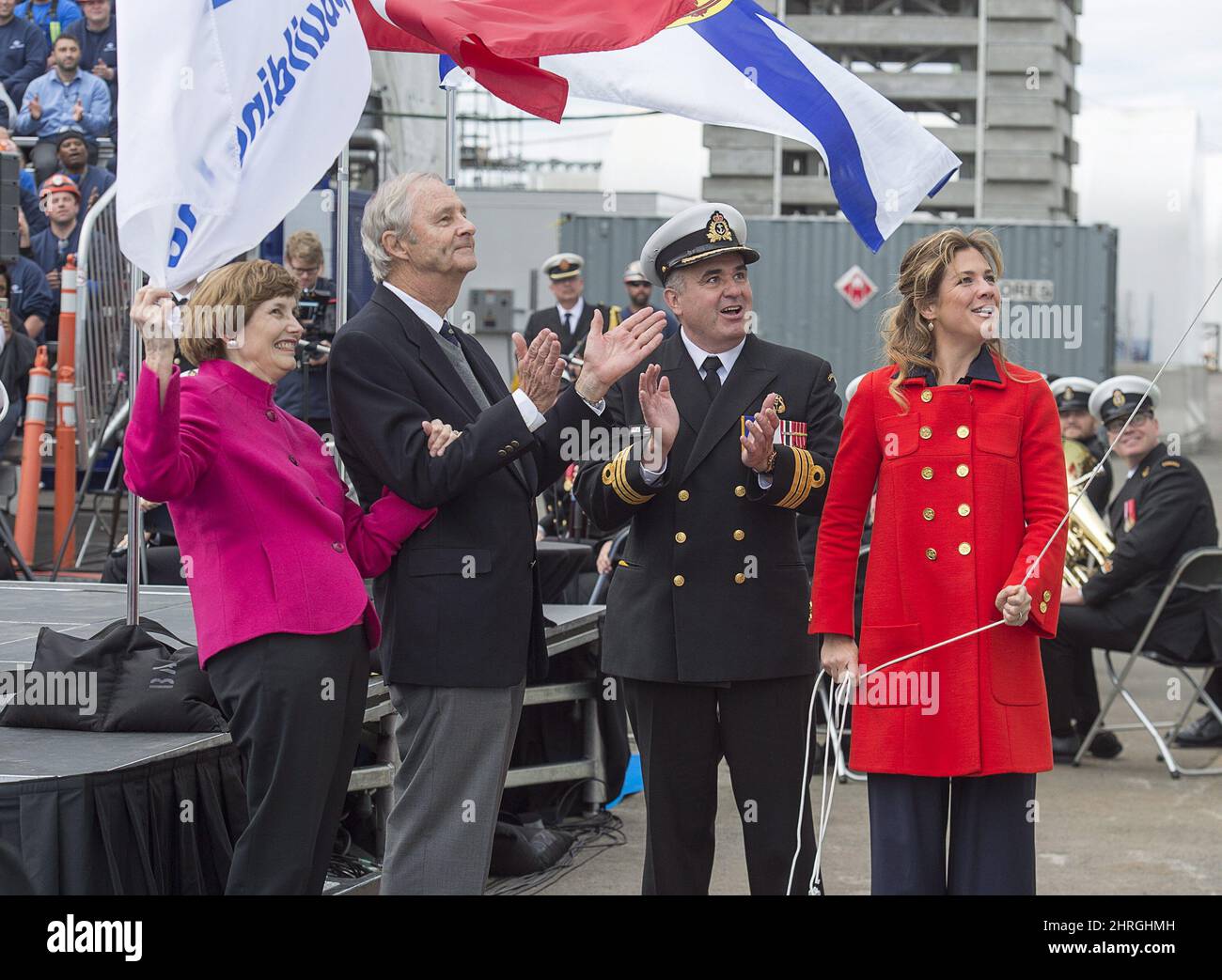 Sophie Gregoire Trudeau, right, releases a bottle of Nova Scotia ...