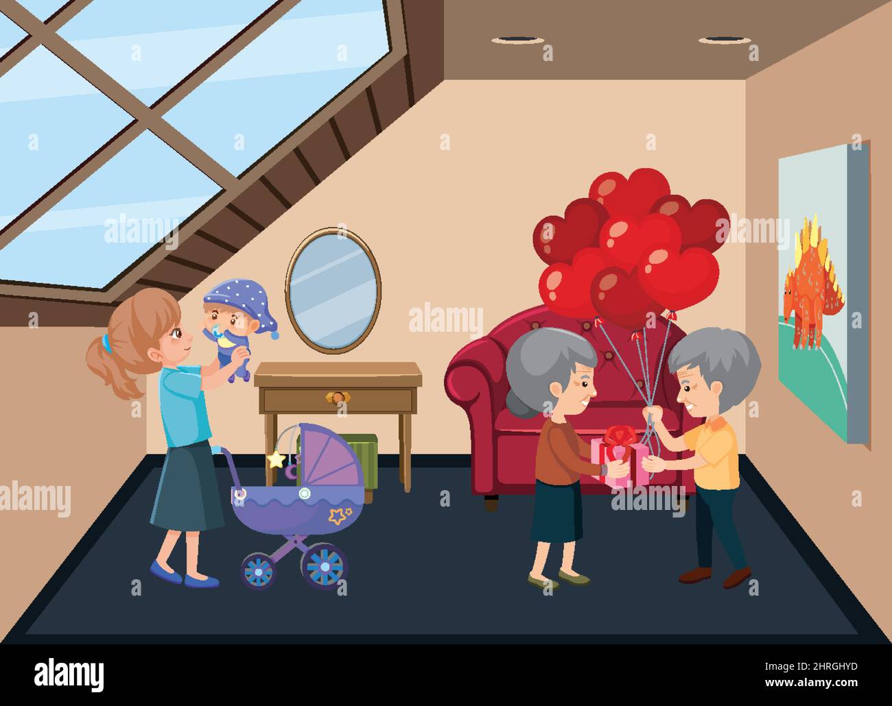 Garret room scene with family members illustration Stock Vector Image ...