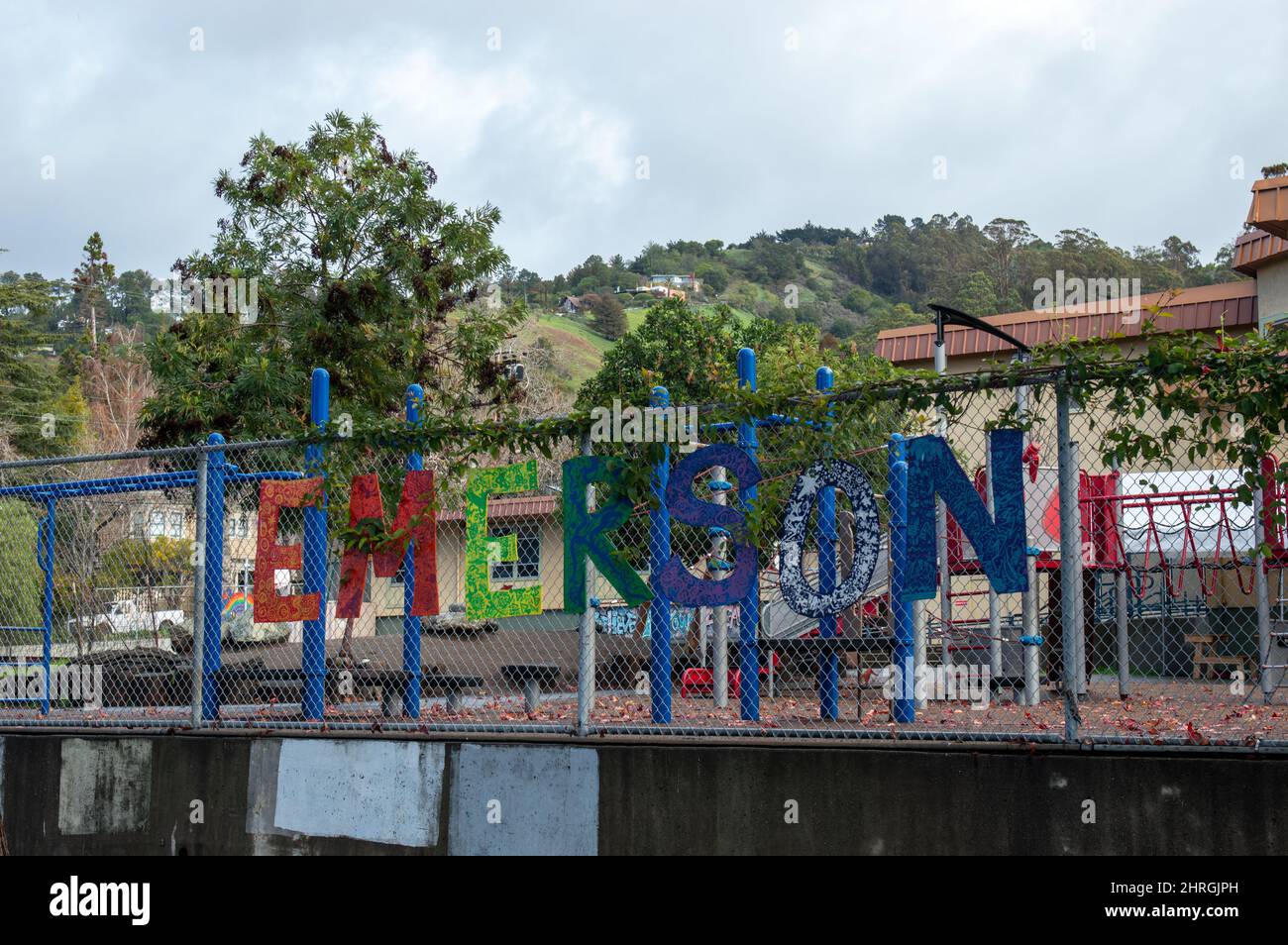 Emerson elementary school hand painted sign with Berkeley hills in the ...