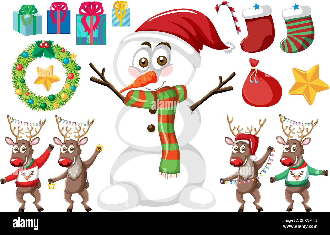 Christmas set with snowman and reindeers illustration Stock Vector ...