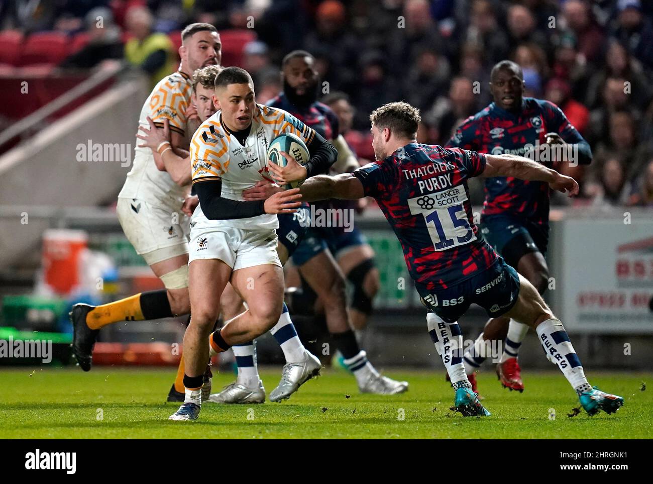 Wasps' Jacob Umaga (left) gets away from Bristol Bears' Henry Purdy ...