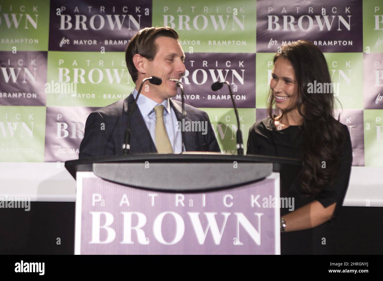 Brampton Mayor Patrick Brown stands on stage with his wife Genevieve Gualtieri after winning the ...