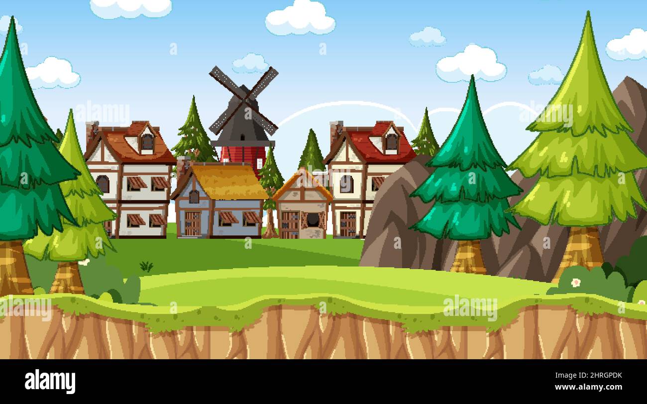 Medieval town scene with villagers illustration Stock Vector Image ...